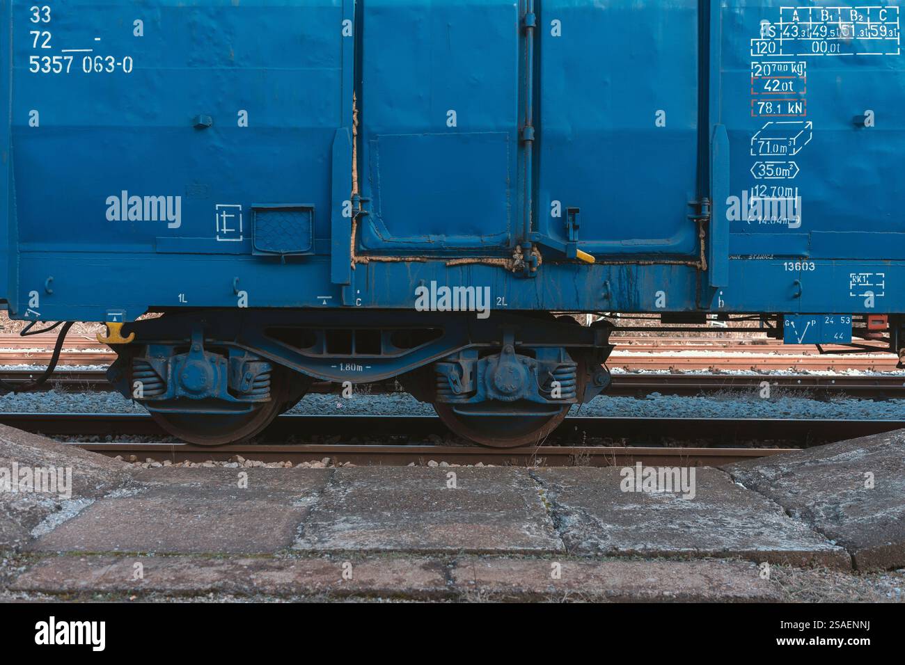 Details of a blue freight train parked in the station Stock Photo - Alamy