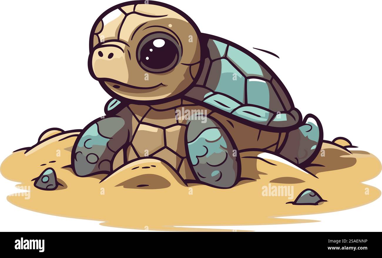 Cartoon turtle on the sand. Vector illustration isolated on white ...