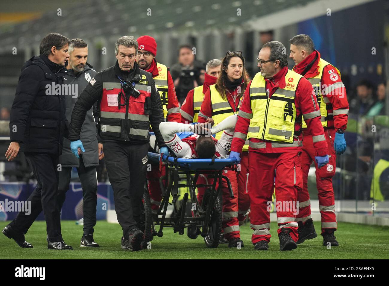 Monaco's Jordan Teze injured during the Uefa Champions League 2024/2025 ...