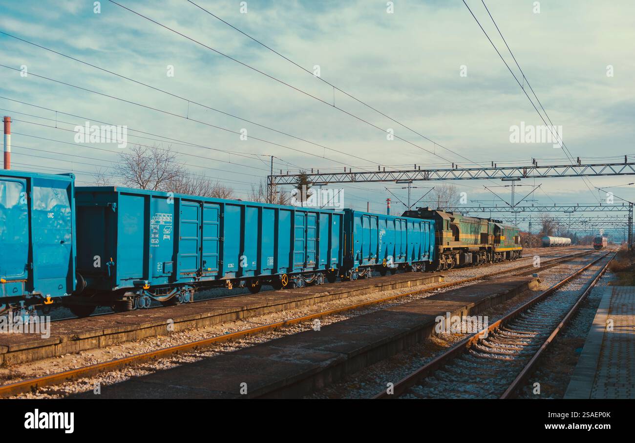 Details of a blue freight train parked in the station Stock Photo - Alamy