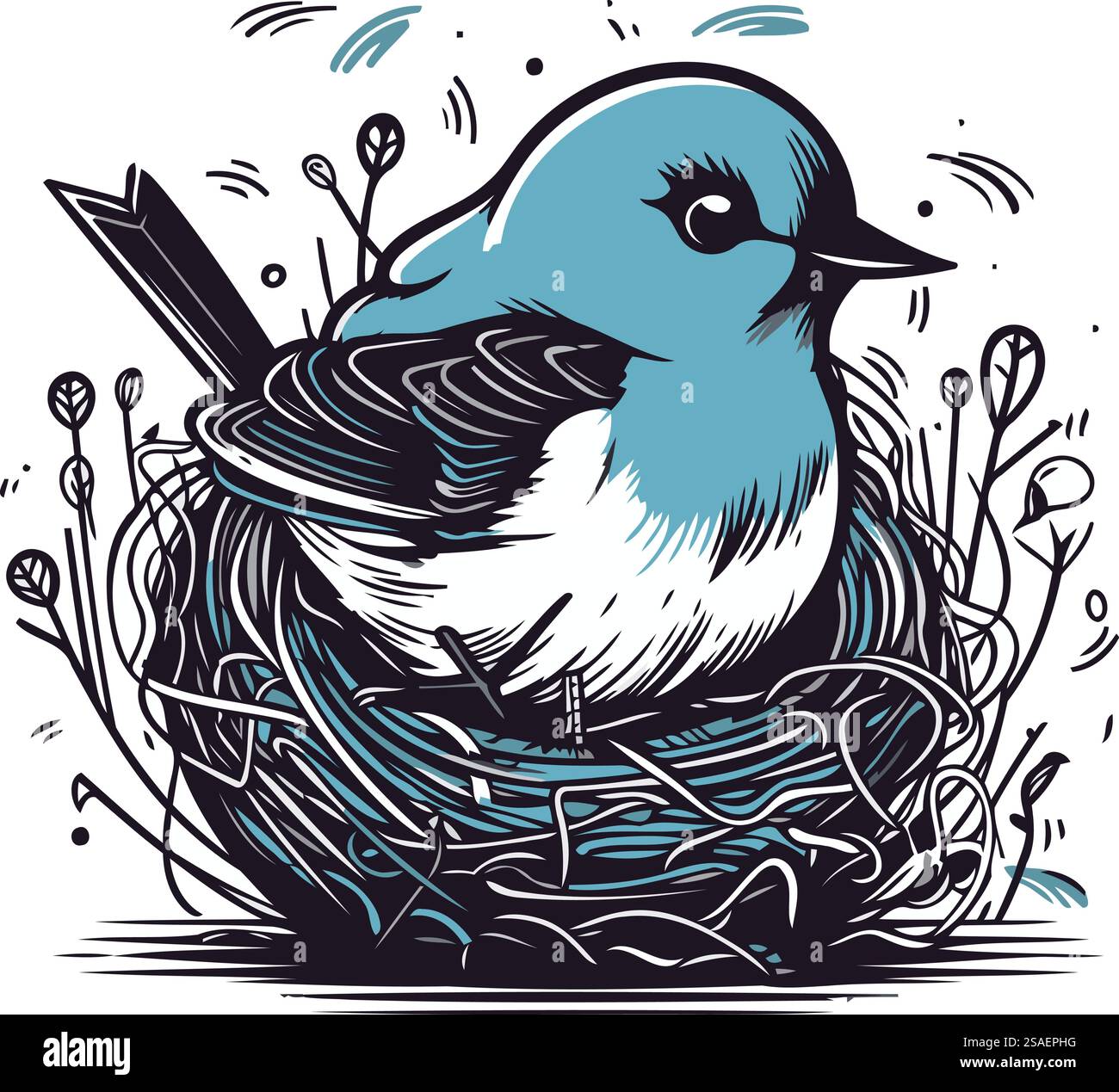 Vector illustration of a bird in the nest. Hand drawn image Stock ...