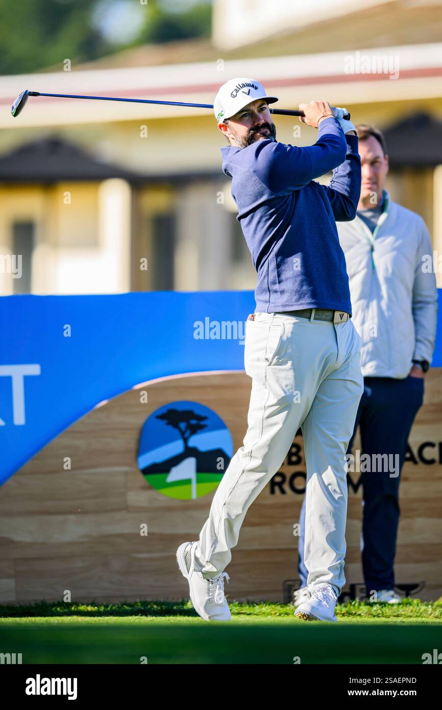 PEBBLE BEACH, CA - JANUARY 28: Adam Hadwin tees off during a practice ...