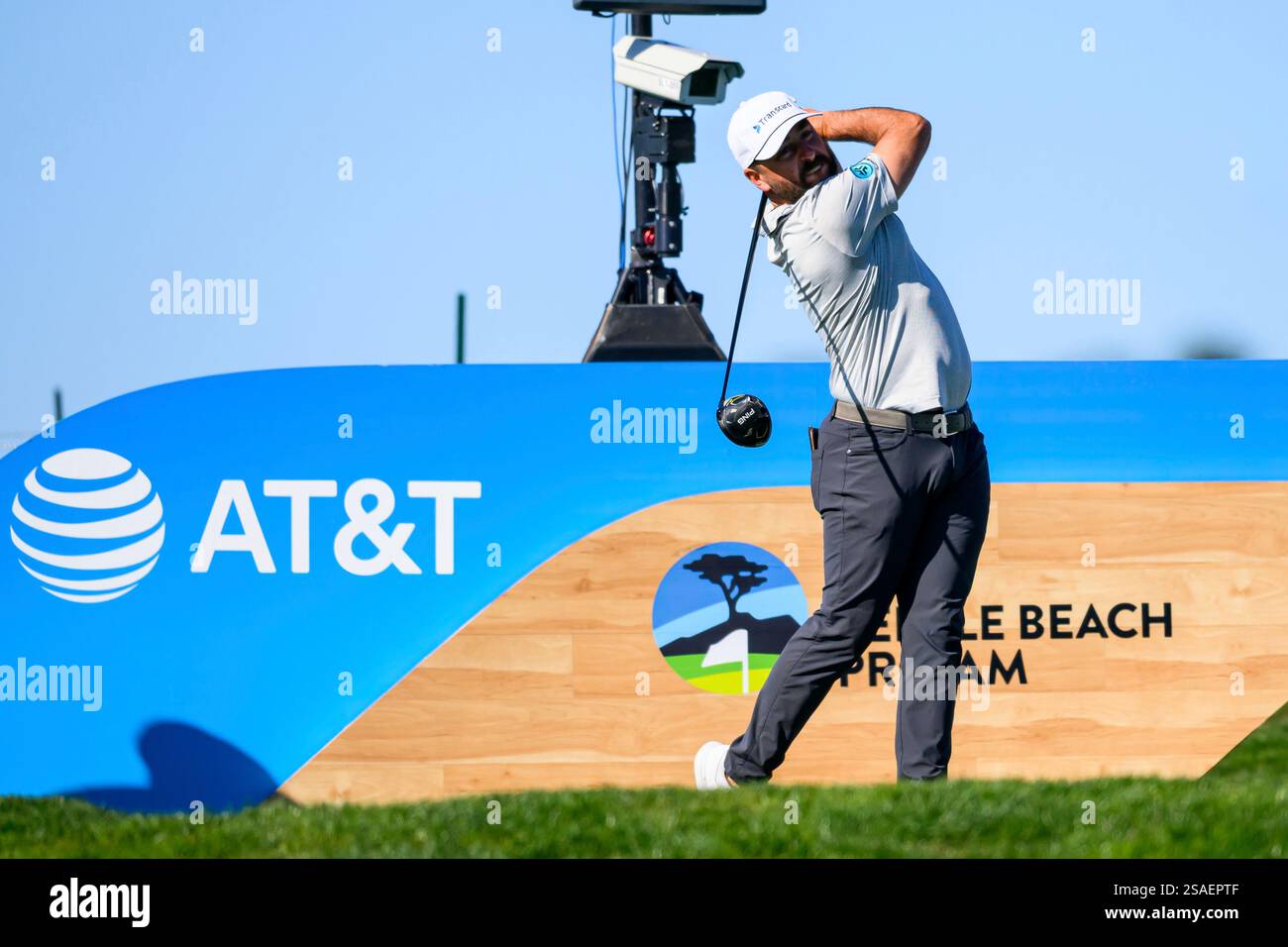 PEBBLE BEACH, CA - JANUARY 27: Stephan Jaeger tees off on 9 during a ...