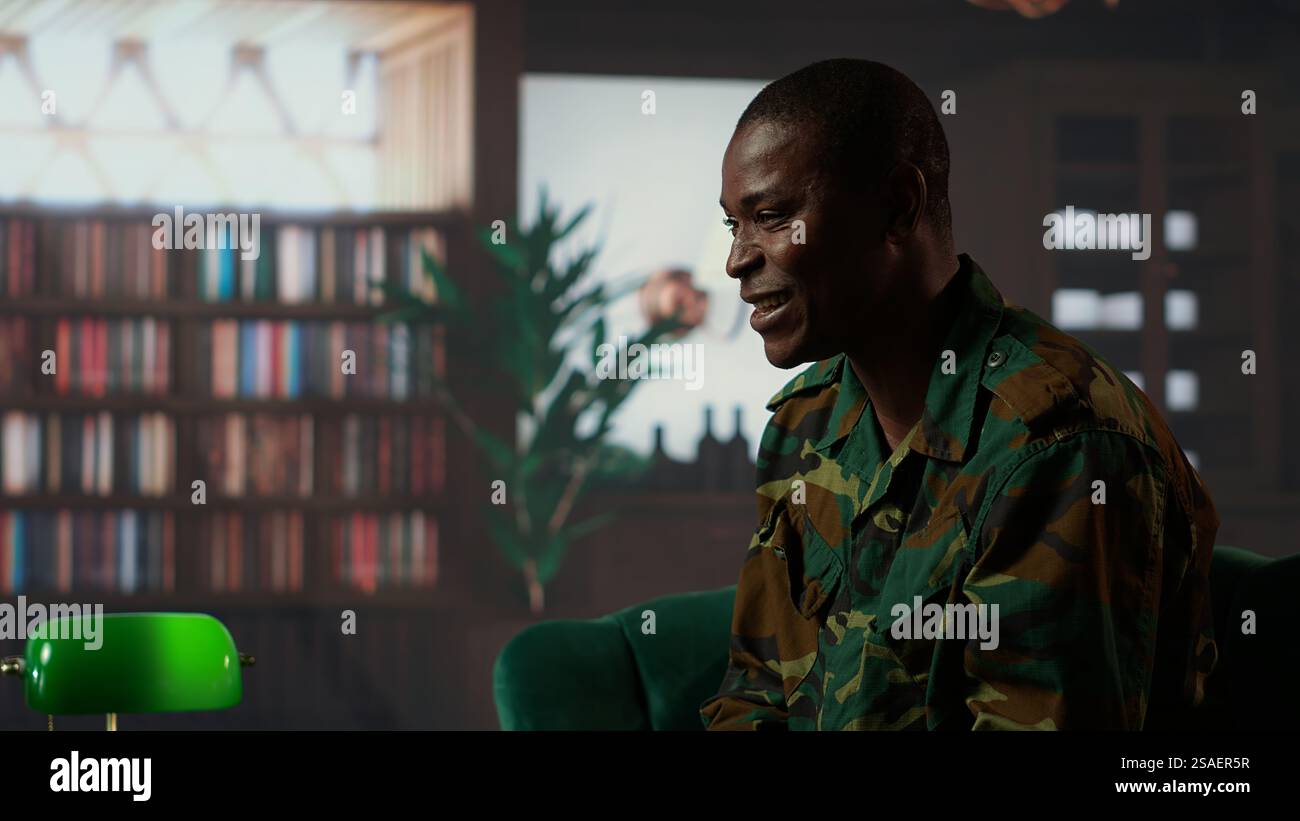 Black distraught war veteran crying due to shell shock and combat ...