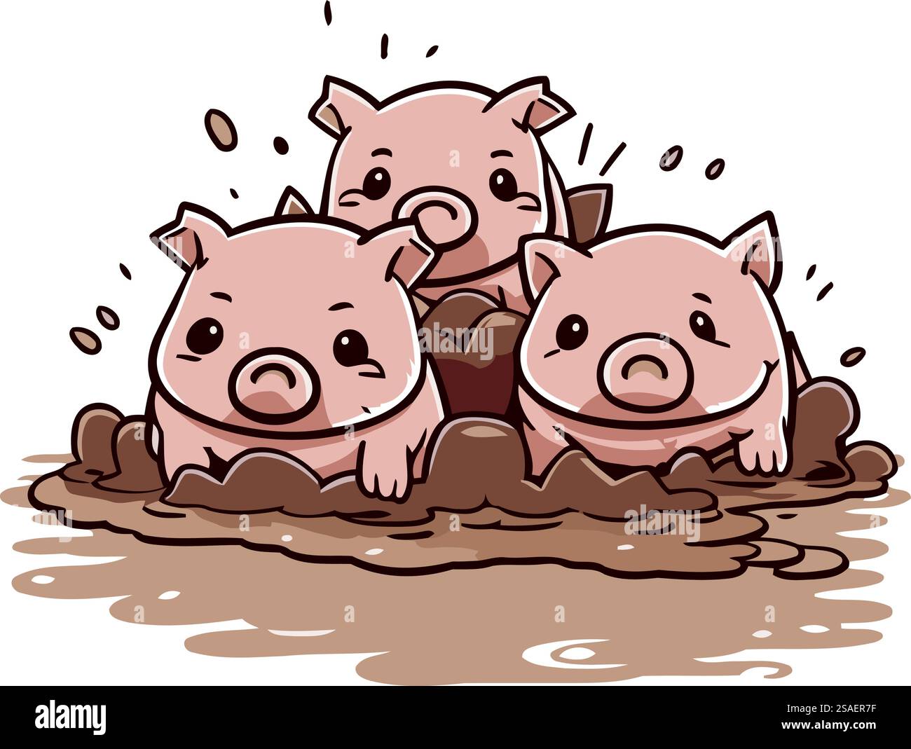 Vector illustration of cute little pigs in the mud on a white ...