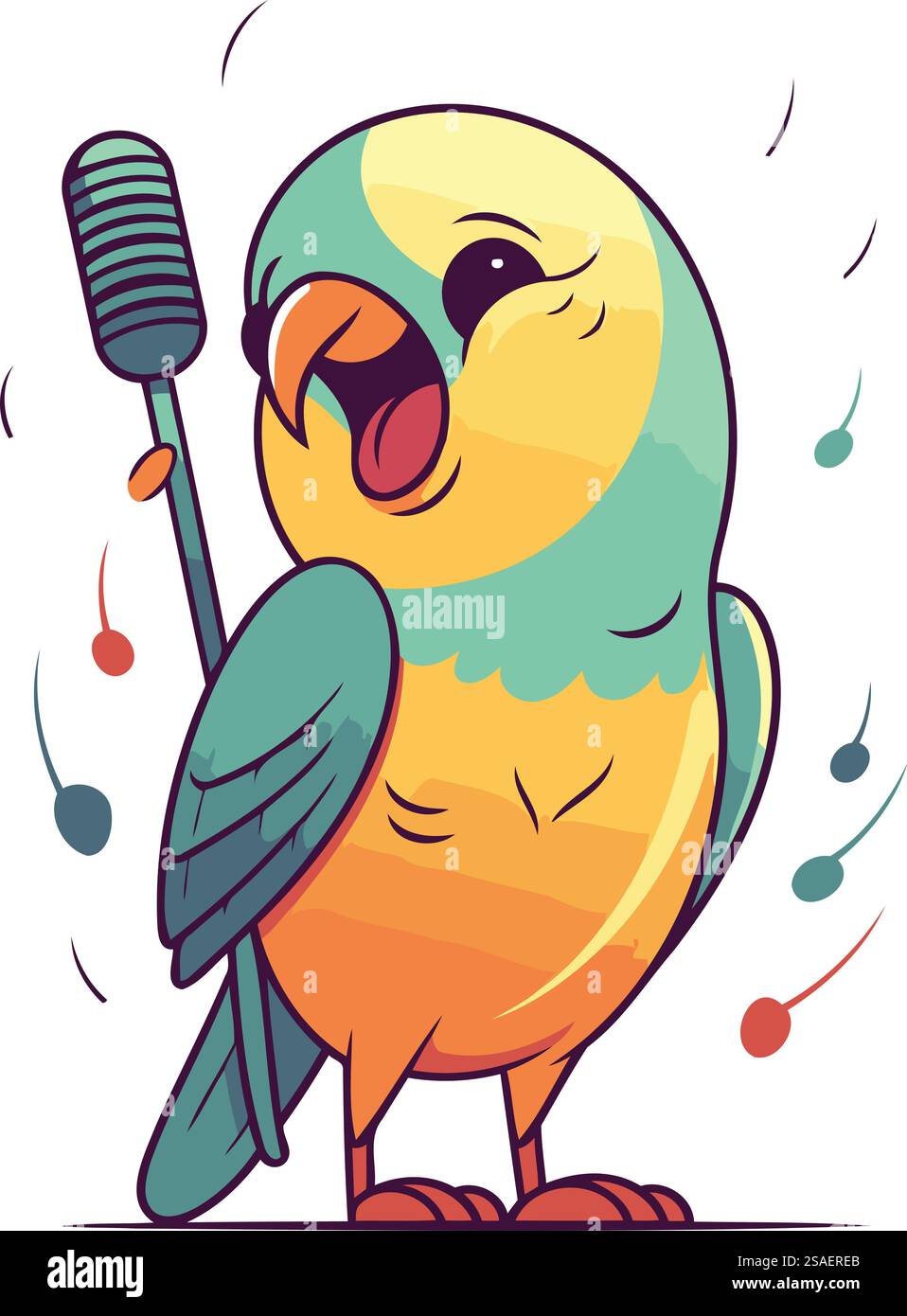Cute cartoon parrot singing song with microphone. Vector illustration ...