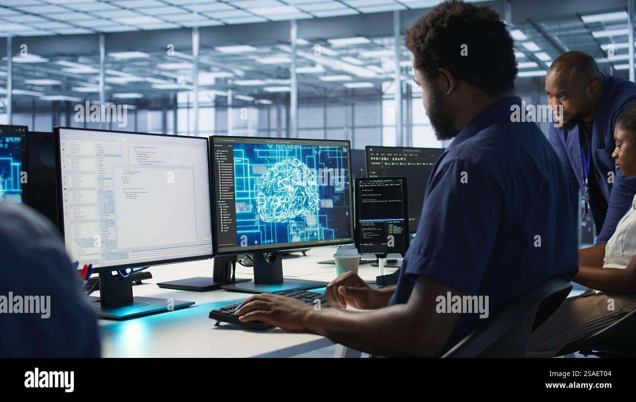 Machine learning expert in AI server room developing disaster recovery plans ensuring minimal ...