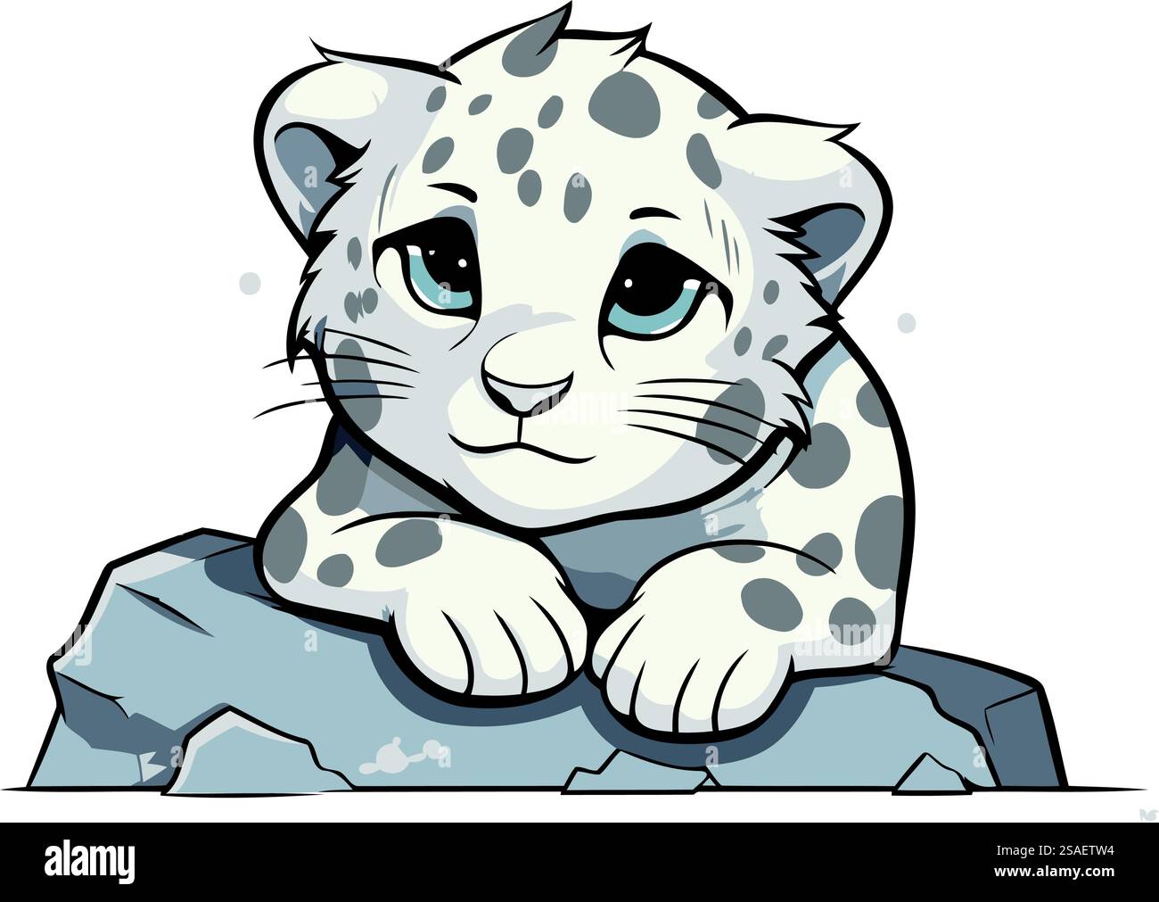 Cute cartoon snow leopard sitting on a rock. Vector illustration Stock ...