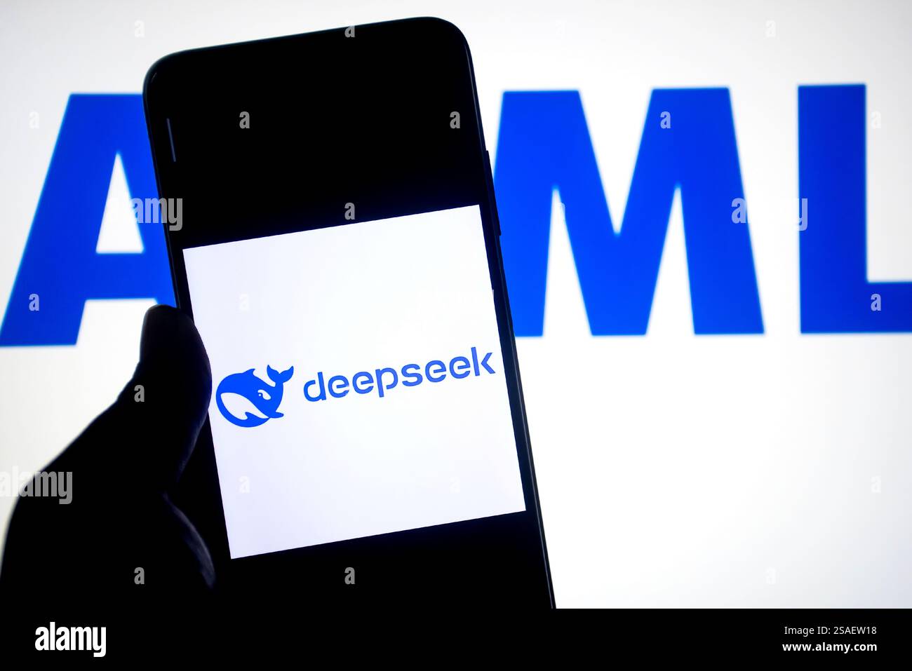 In this photo illustration, a Deepseek logo is seen displayed on a smartphone with an ASML Logo ...