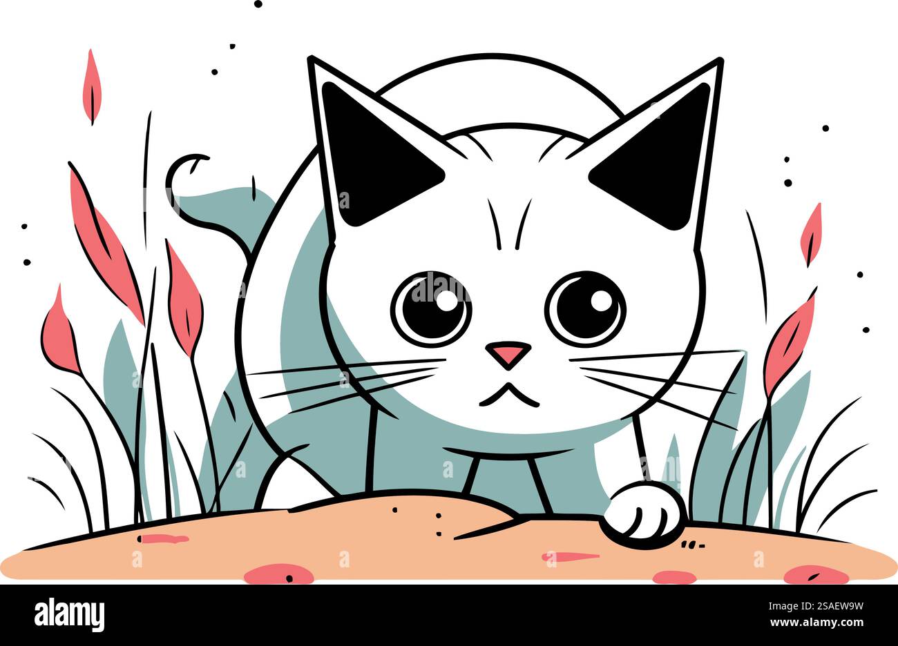 Cute cat in the grass. Vector illustration on white background Stock ...