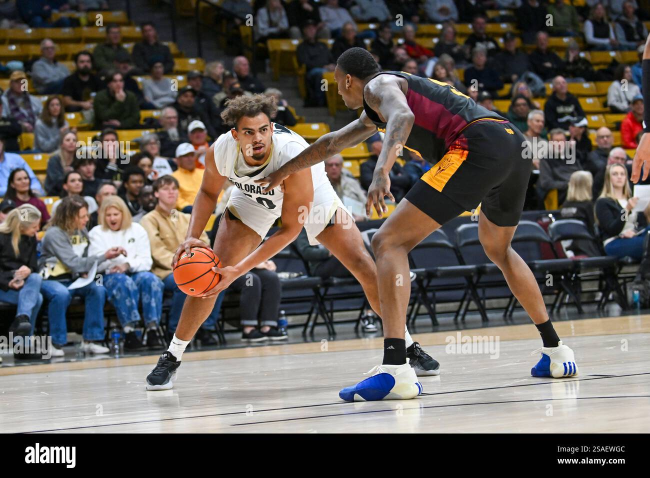 BOULDER, CO - JANUARY 28: Colorado center Elijah Malone (50) looks for ...