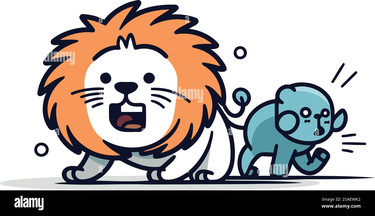 Lion fight with monkey cute cartoon animal character vector ...