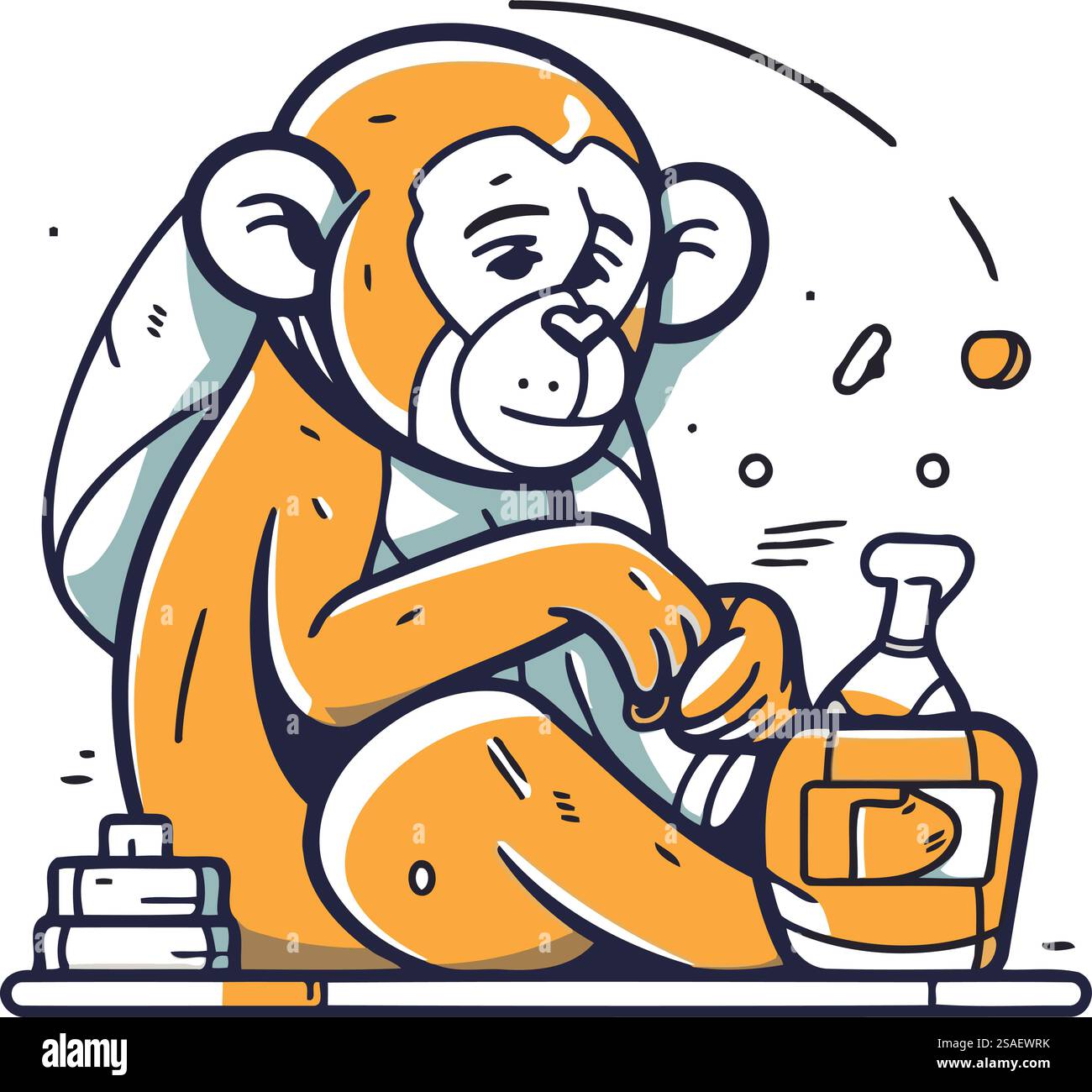 Monkey sitting on the floor with a bottle of alcohol. Vector ...