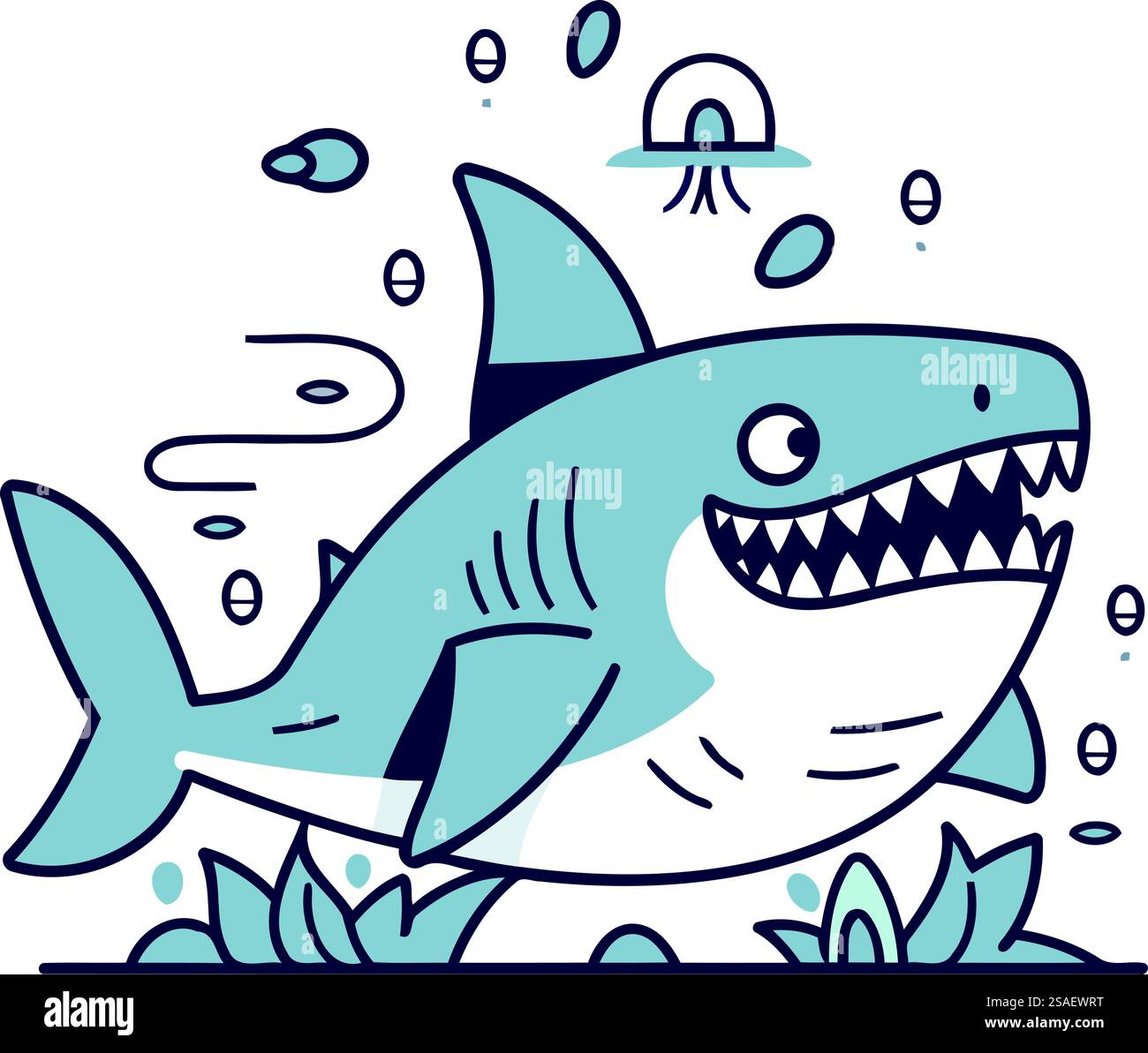 Vector illustration of cartoon shark in flat line style. Isolated on ...