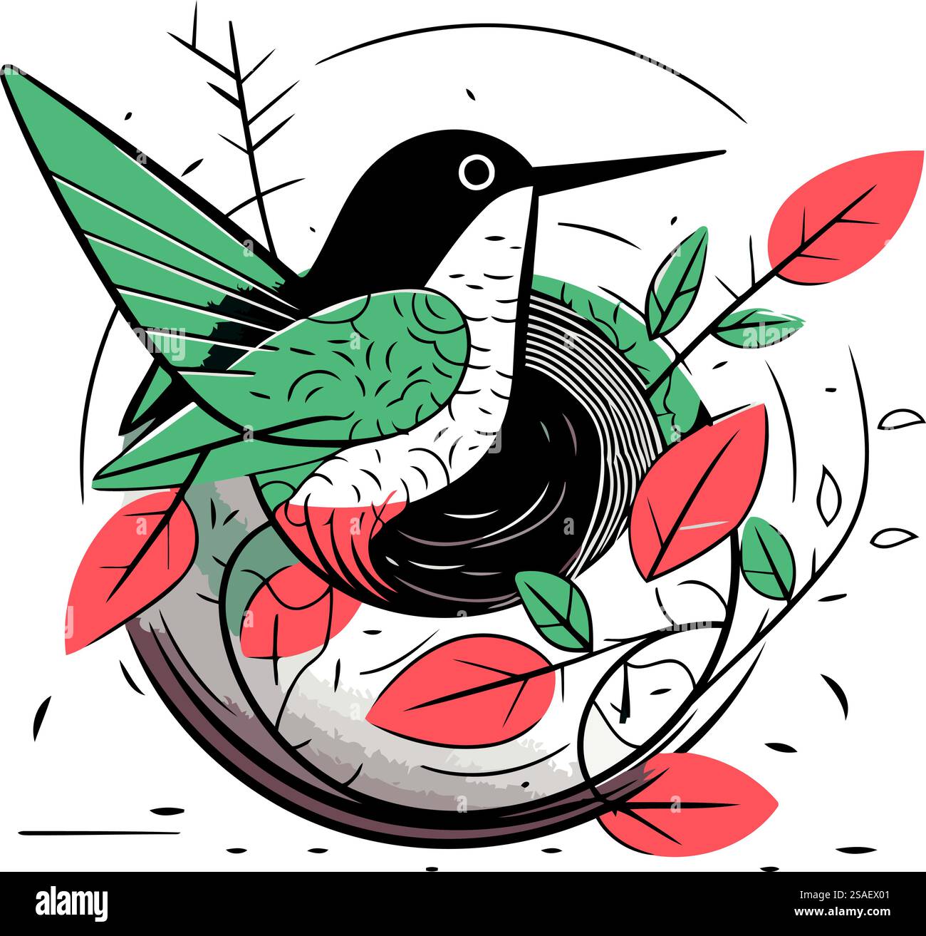 Hummingbird with leaves in the form of a circle. Vector illustration ...