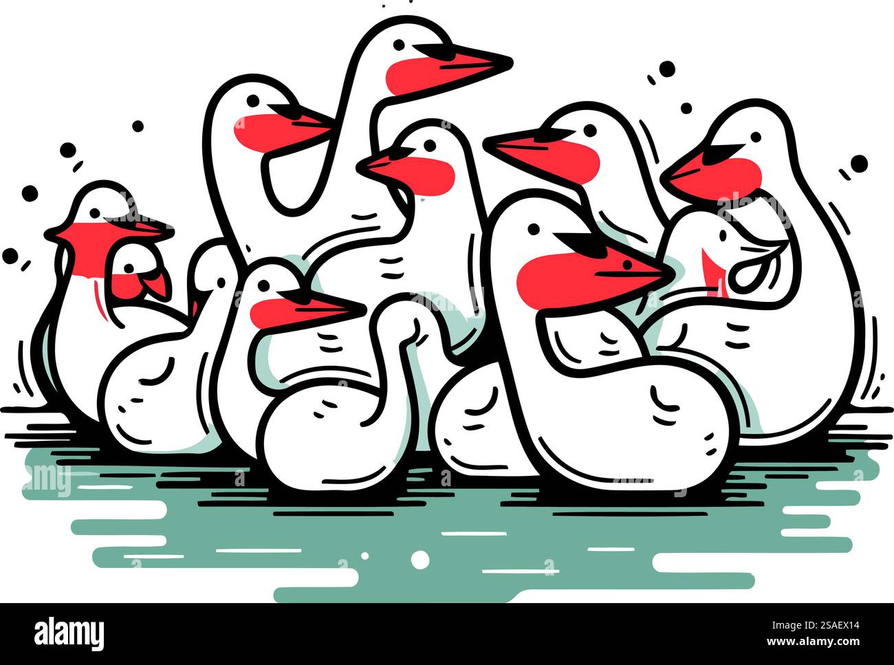 Vector illustration of a flock of ducks in the water. Hand drawn doodle ...