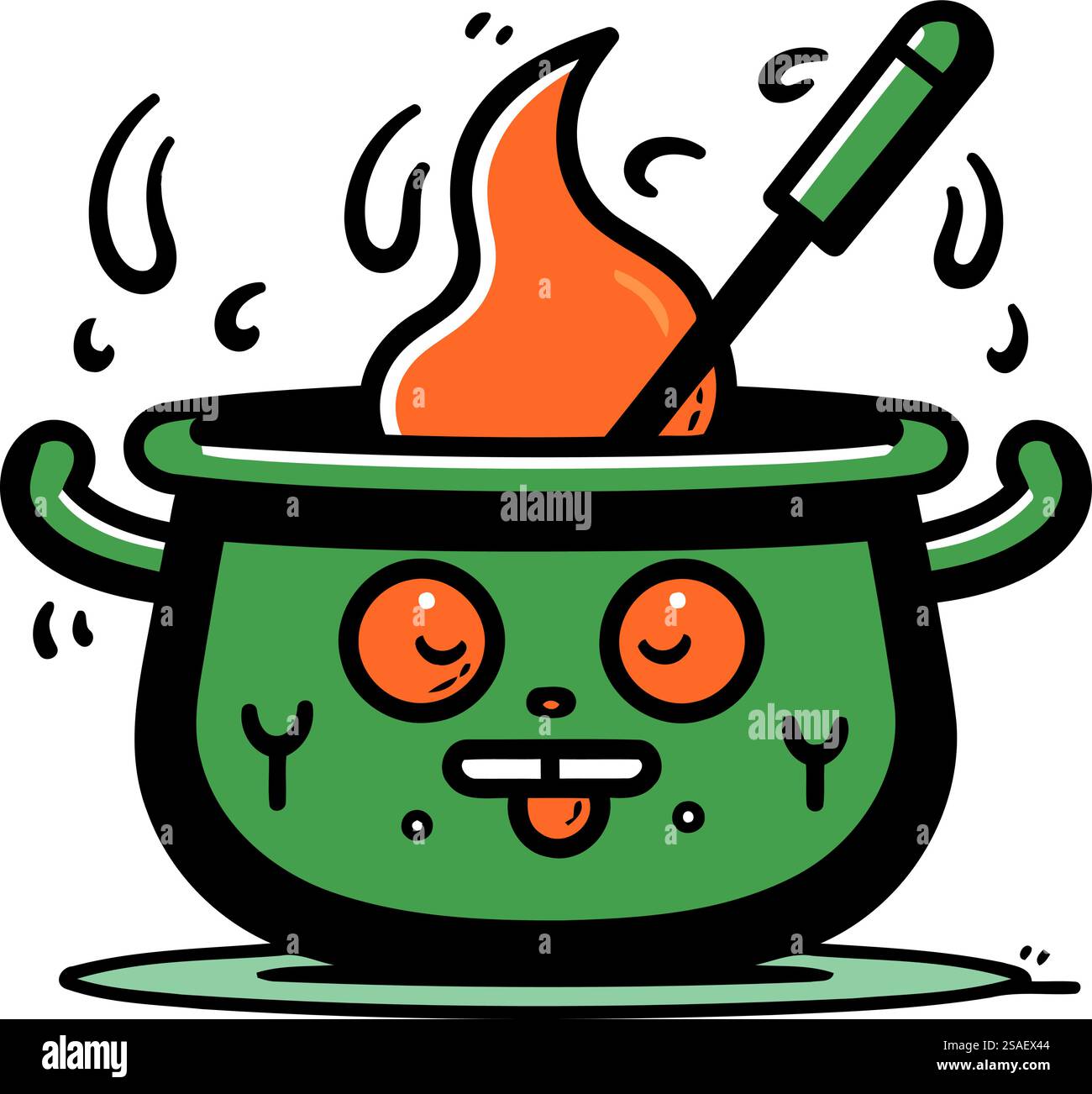 Cute cartoon cooking pot with fire. Vector illustration isolated on ...