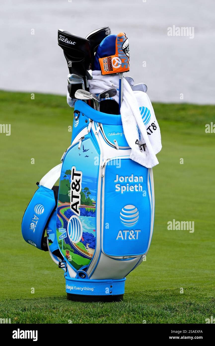 PEBBLE BEACH, CA - JANUARY 29: The bag of PGA golfer Jordan Spieth sits ...