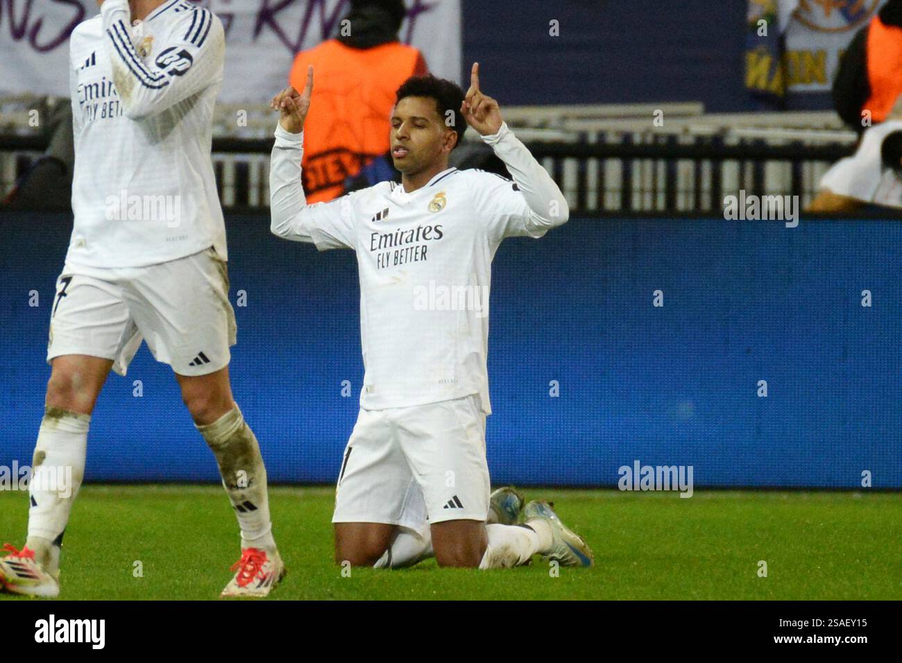 Real Madrid's Rodrygo celebrates after scoring his side's third goal ...