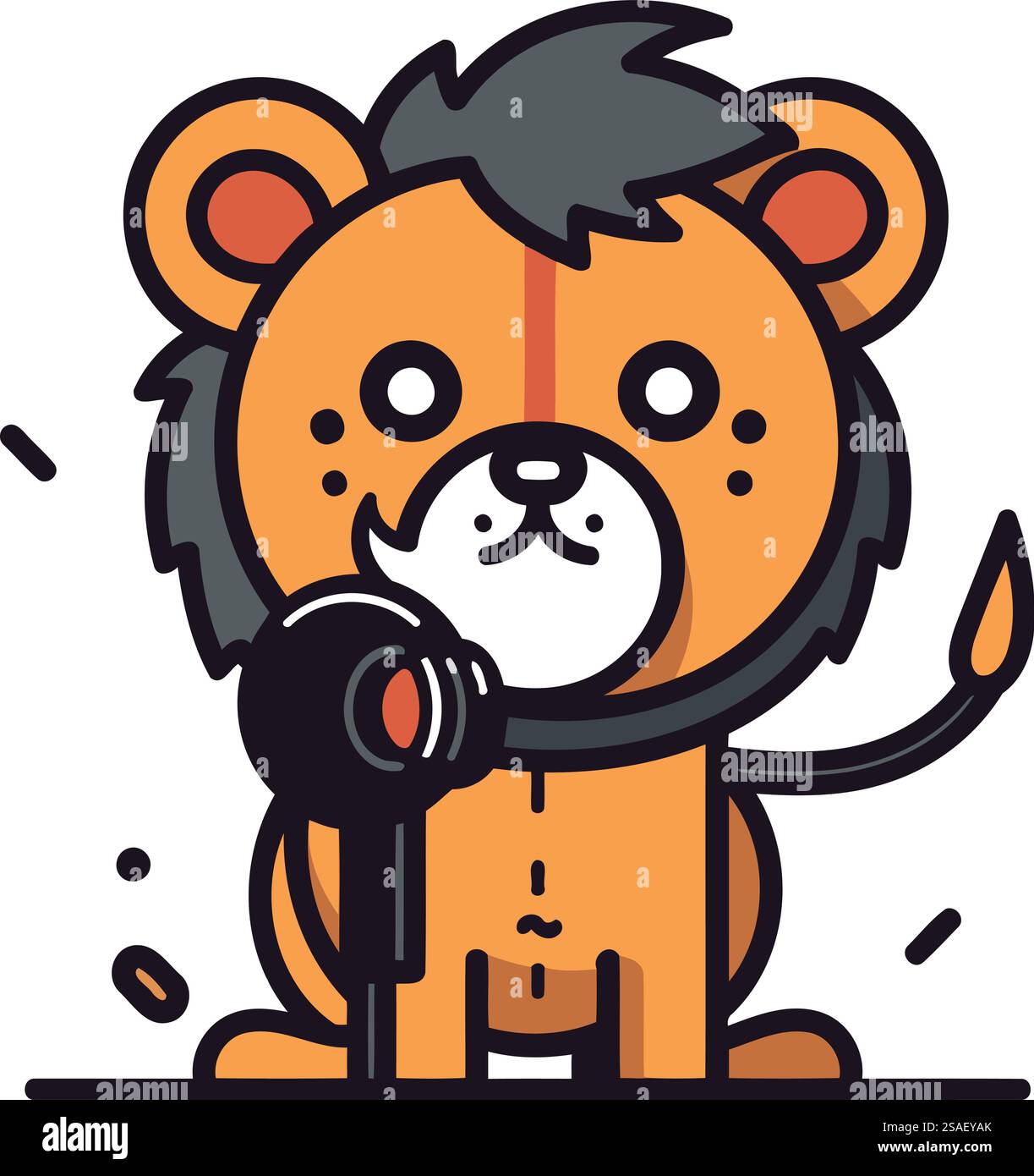 Cute lion with microphone. Vector illustration in flat cartoon style ...