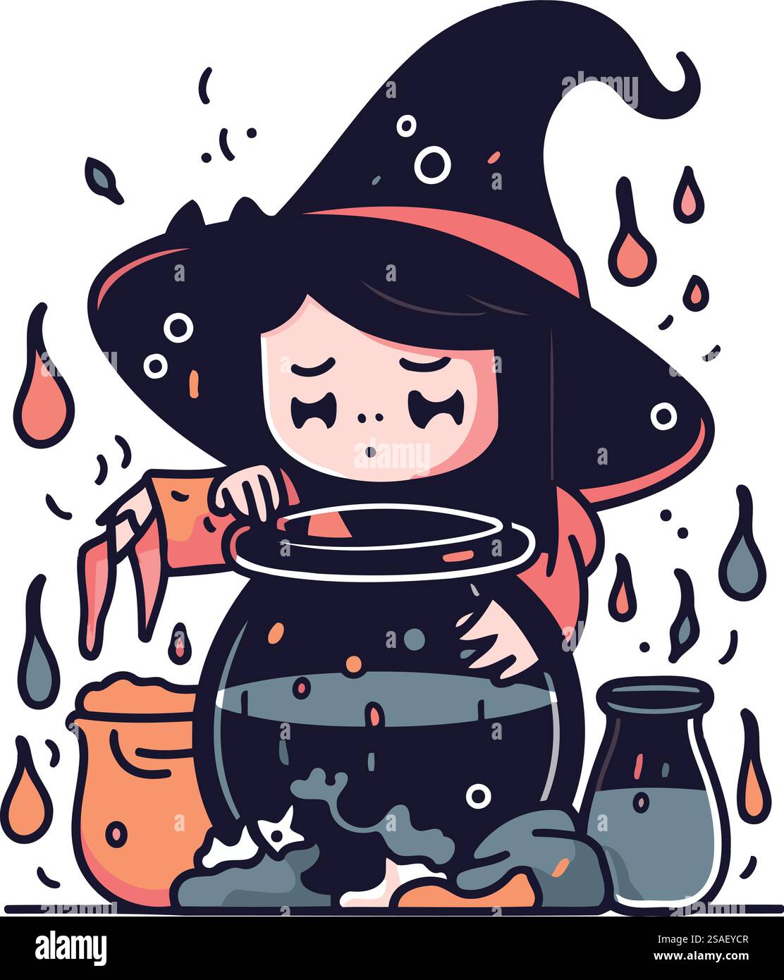 Cute little girl wearing witch costume and holding pot of potion ...