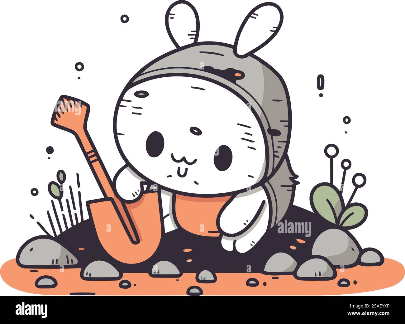 Cute cartoon rabbit digging a hole in the ground. Vector illustration ...