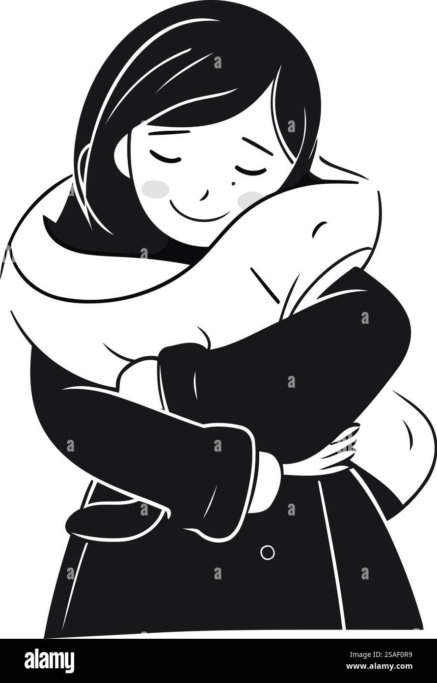 Vector illustration of girl hugging herself. Graphic of girl hugging ...