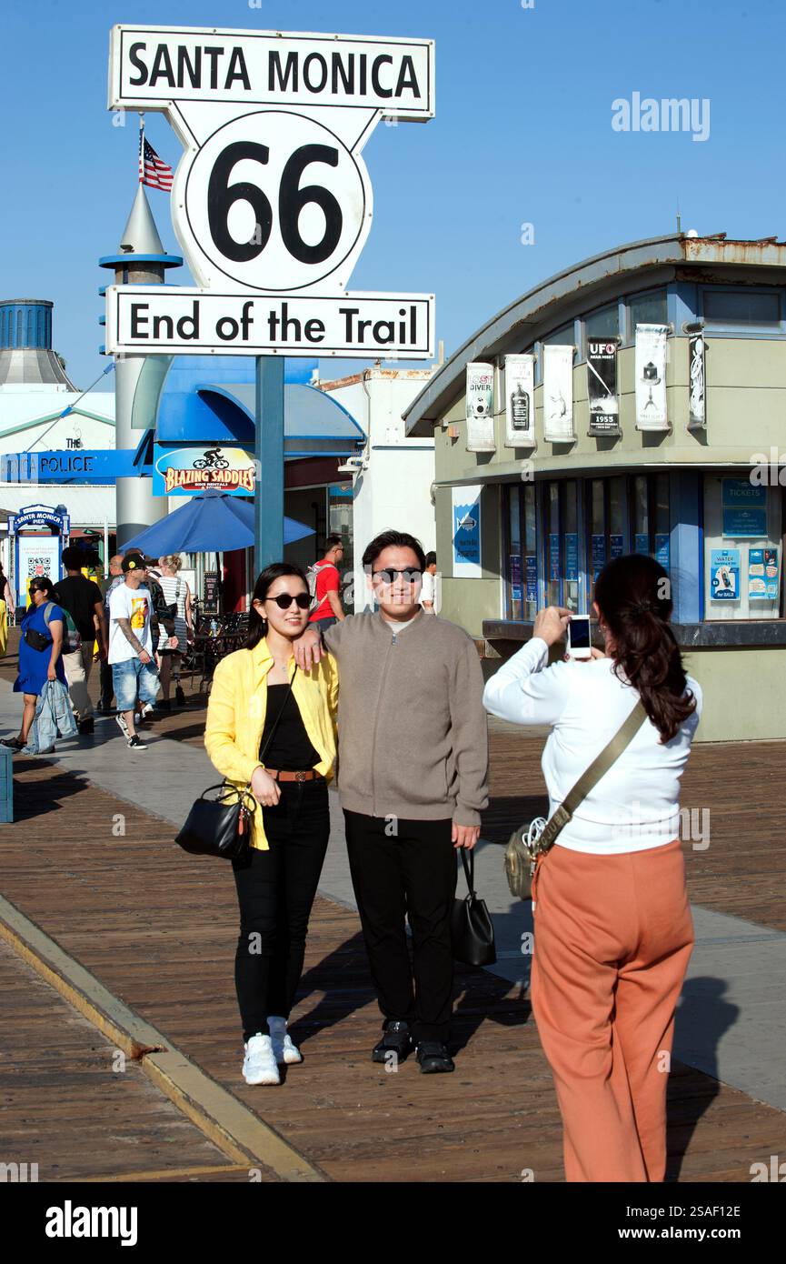 Route 66 sign, visitors, people, Santa Monica, pier, Santa Monica, Los ...