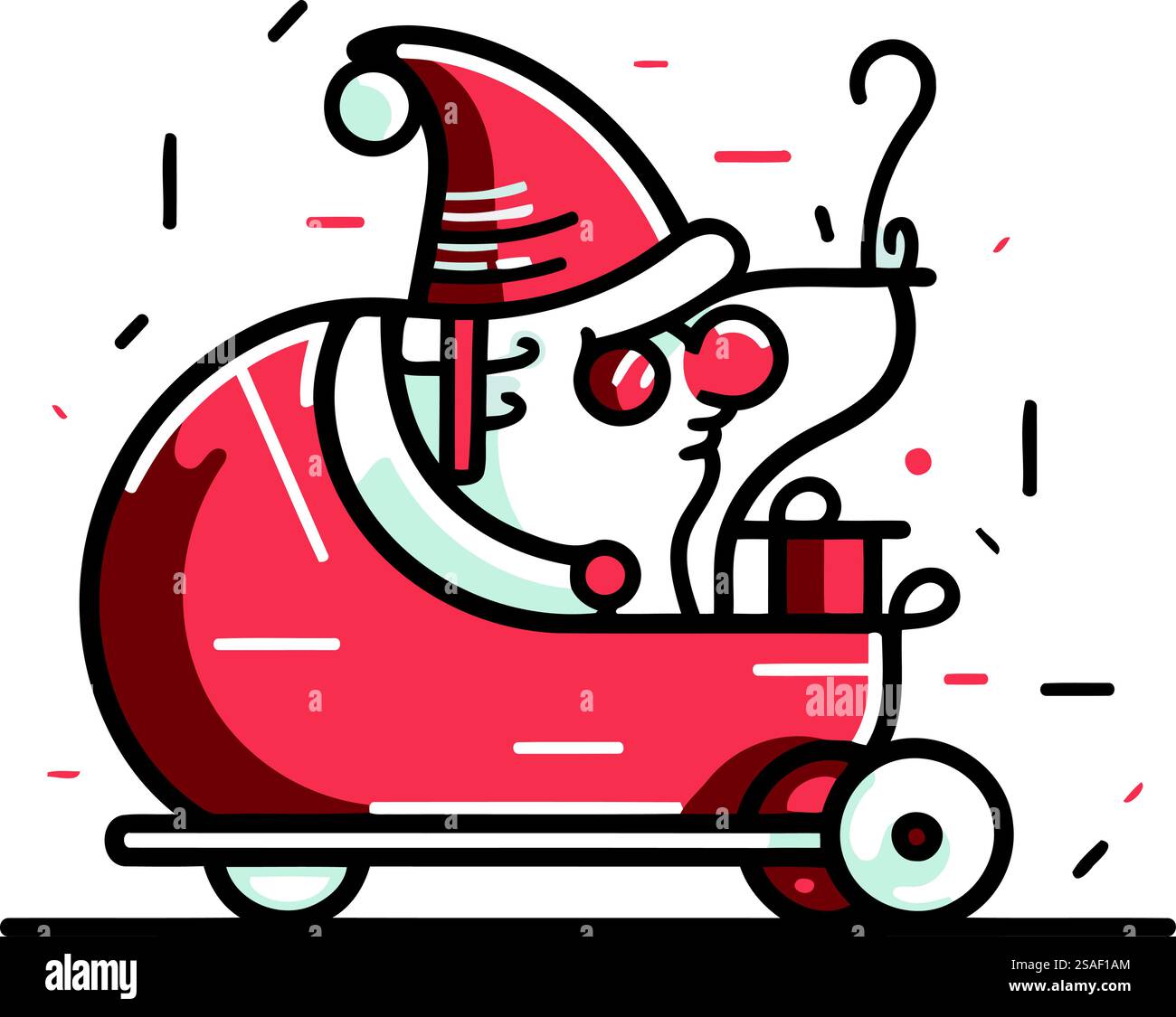 Santa Claus riding on a toy car. Vector illustration in line style ...