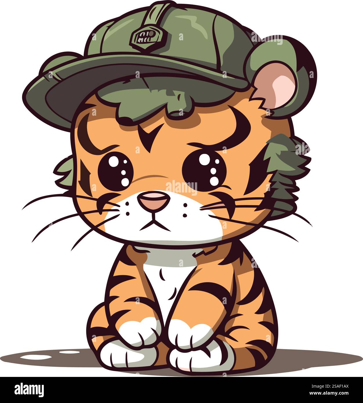 Cute cartoon tiger in a military cap. Vector illustration isolated on ...