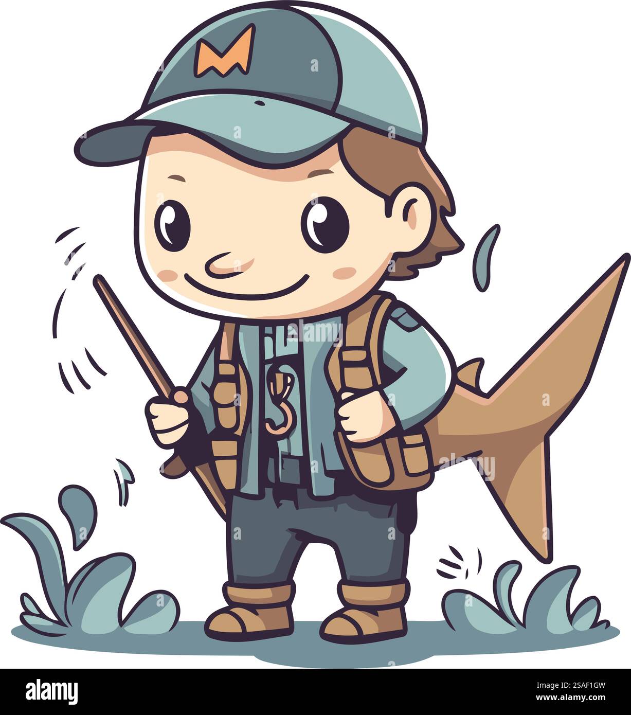 Fisherman with a big fish. Cute cartoon vector illustration Stock ...