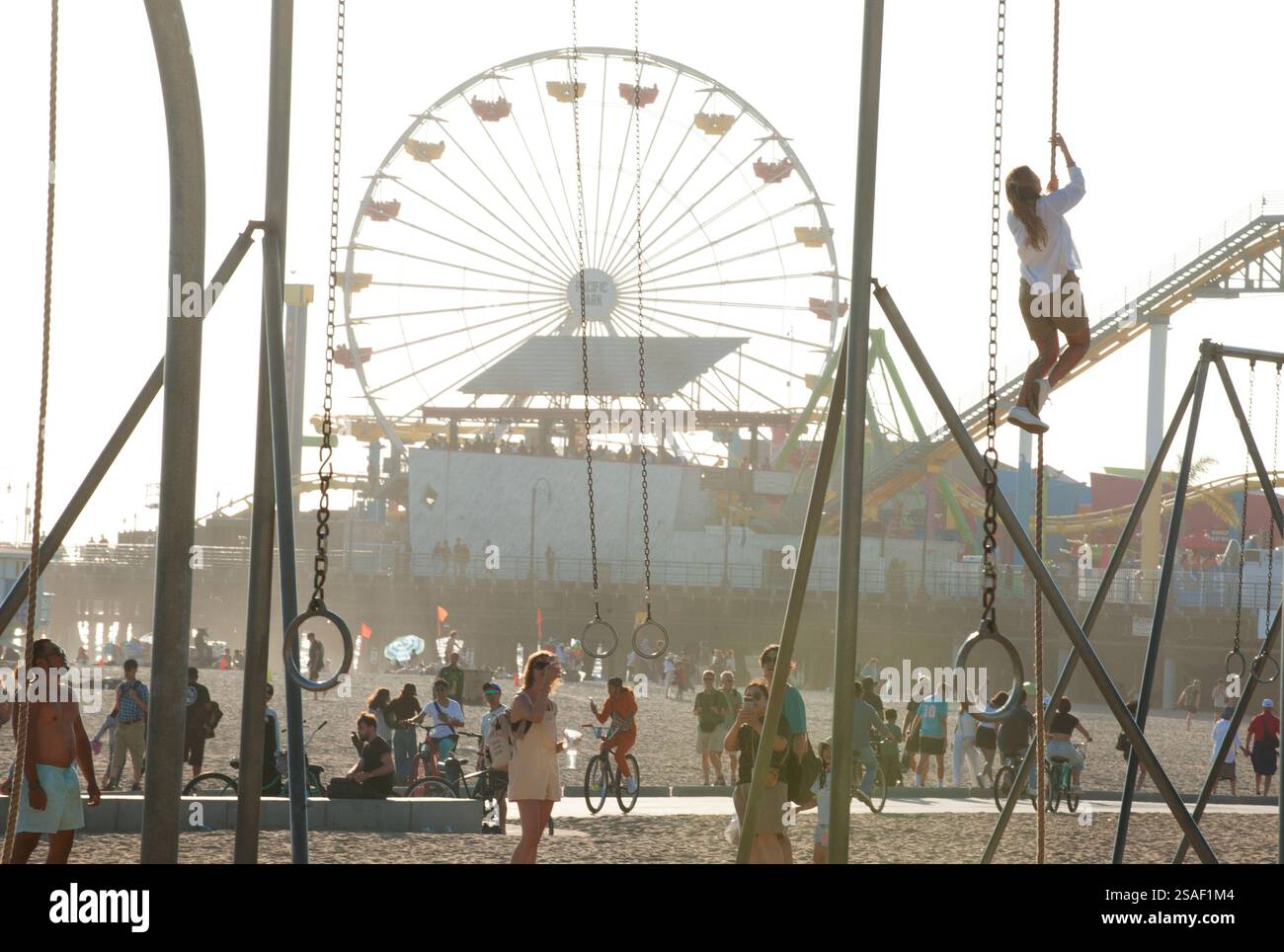 Muscle Beach, pier, people, Ferris wheel, ropes, rings, bike path ...