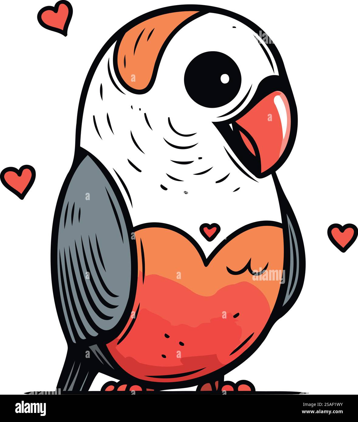 Vector illustration of a cute cartoon parrot with hearts in its beak ...
