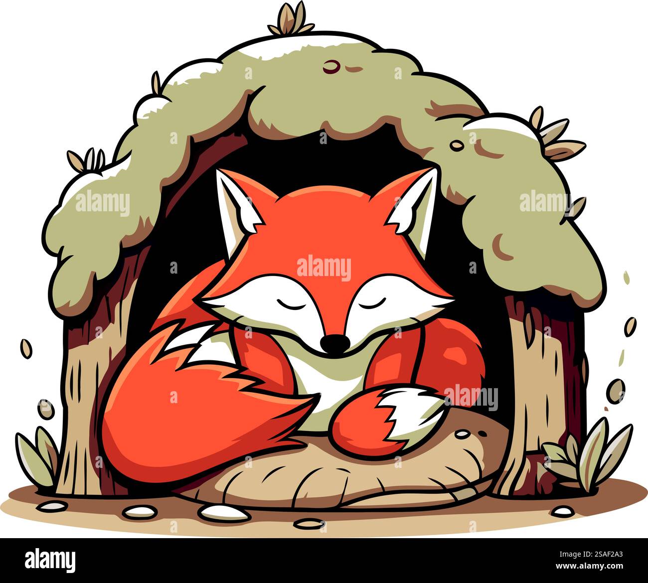 Cute cartoon fox in a cave. Vector illustration isolated on white ...