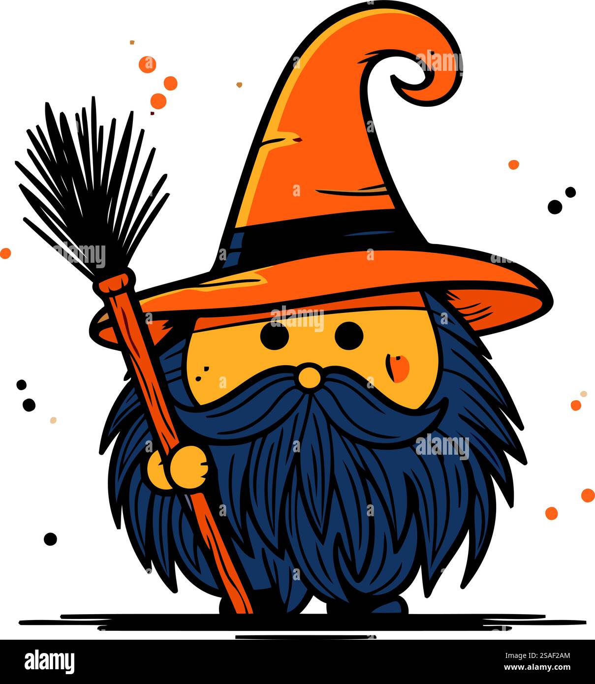 Cute cartoon wizard with broom. Vector illustration in doodle style ...