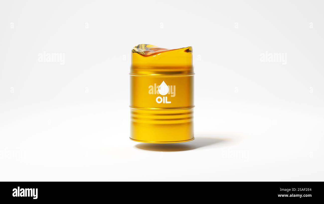 Split view of gold metal oil barrel with crude oil inside on white ...
