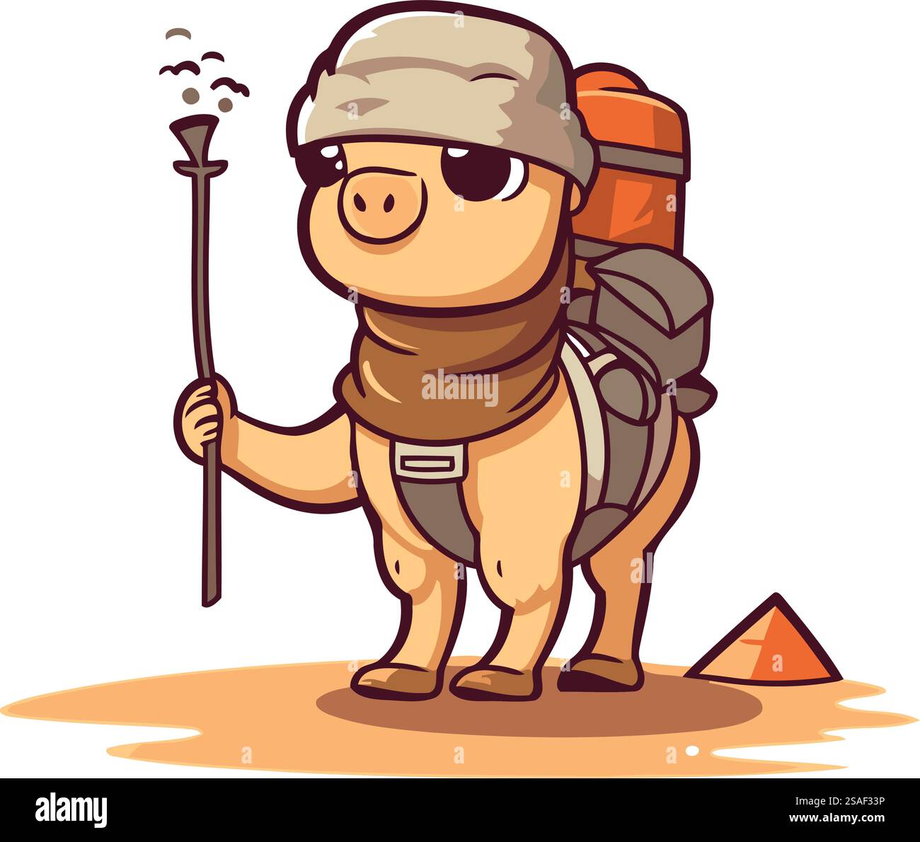 Vector illustration of a cute cartoon hiker with backpack and stick ...
