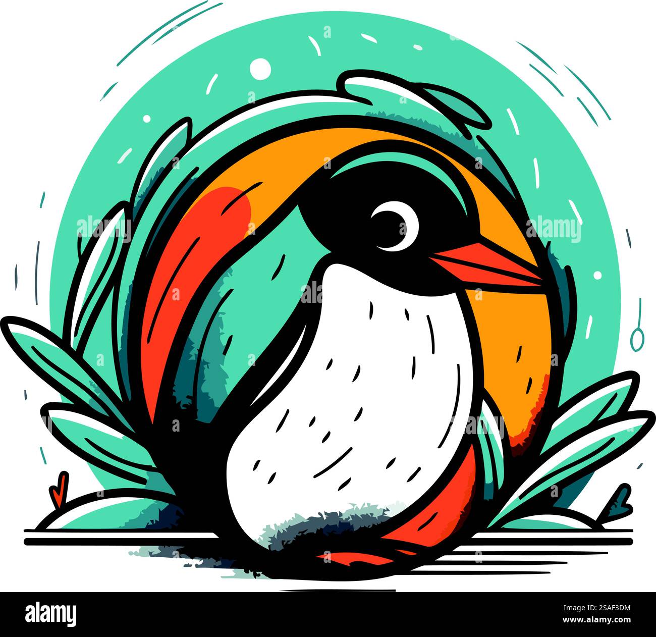 Cute penguin in a circle of leaves. Vector illustration Stock Vector ...