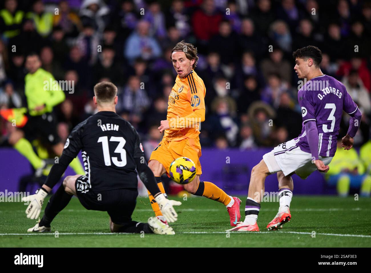 Luka Modric of Real Madrid CF duels for the ball with Karl Jakob Hein ...