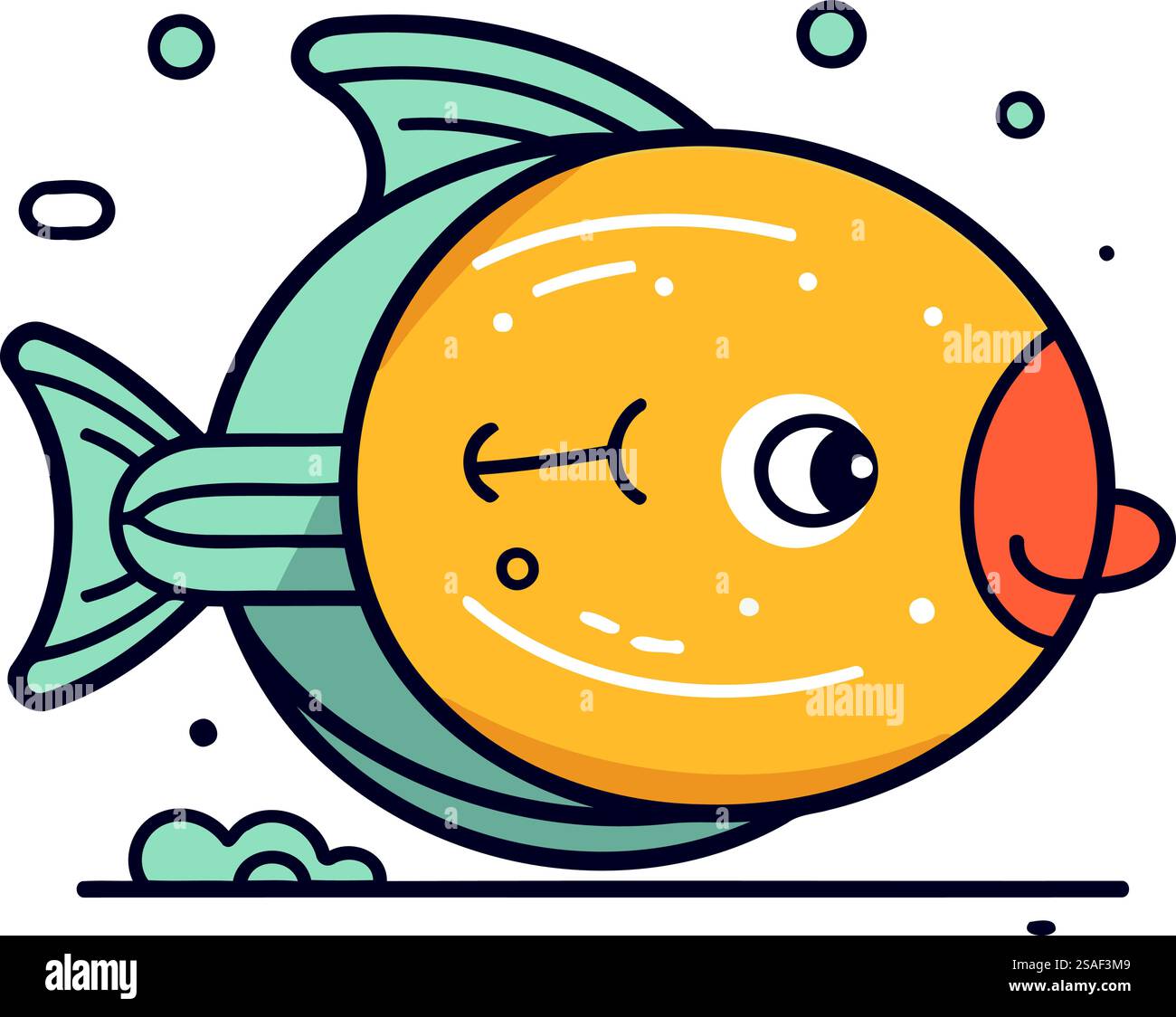 Cute cartoon fish with eyes and mouth. Vector illustration in linear ...