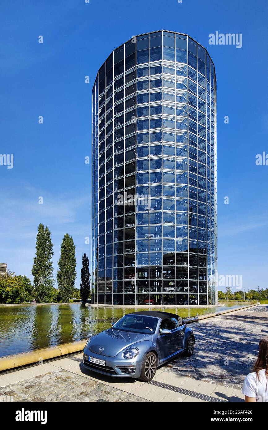 glass car silo with new cars in the Autostadt, Germany, Lower Saxony ...