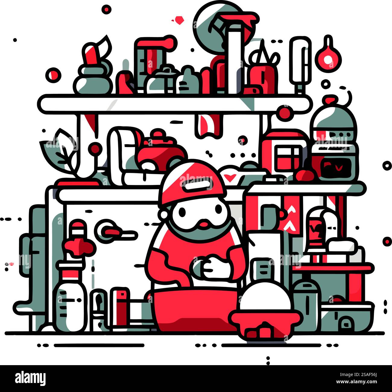 Santa Claus in the kitchen. Vector illustration in thin line style ...