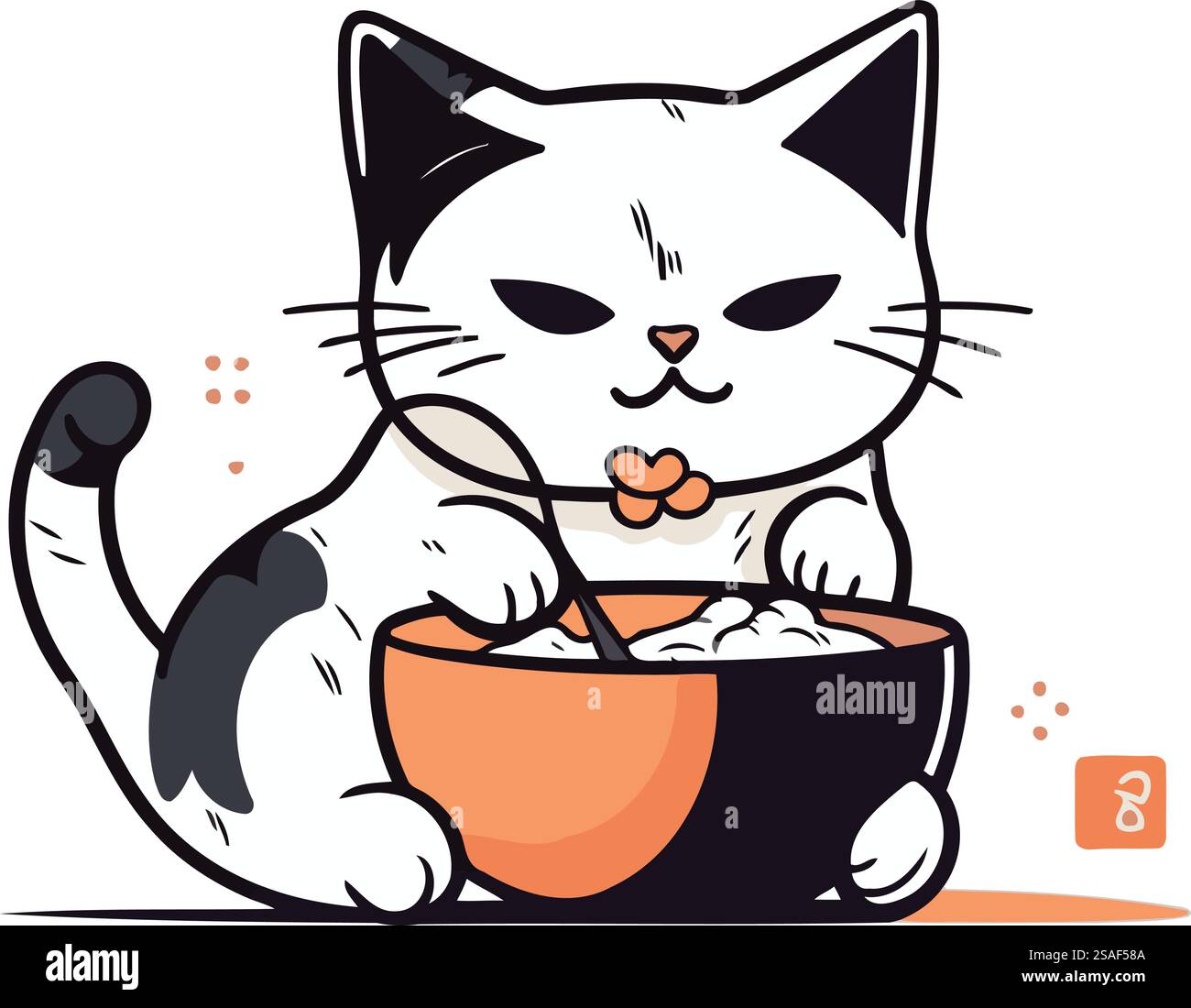 Cute cat eating from a bowl of cereals. Vector illustration Stock ...