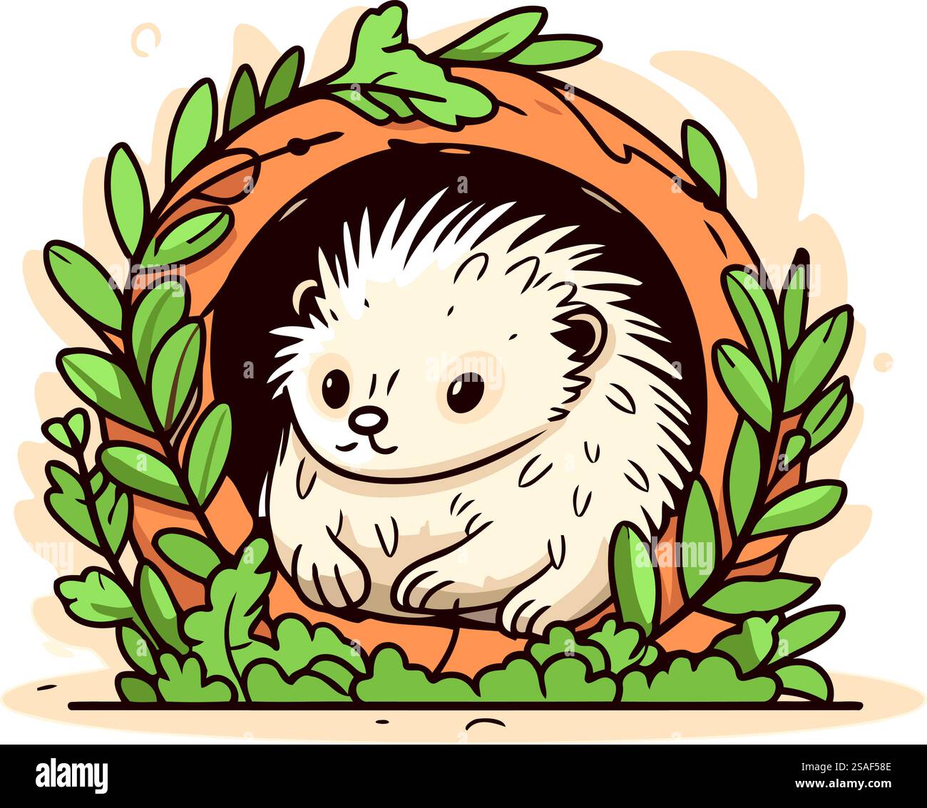 Cute cartoon hedgehog sitting in the round hole. Vector illustration ...