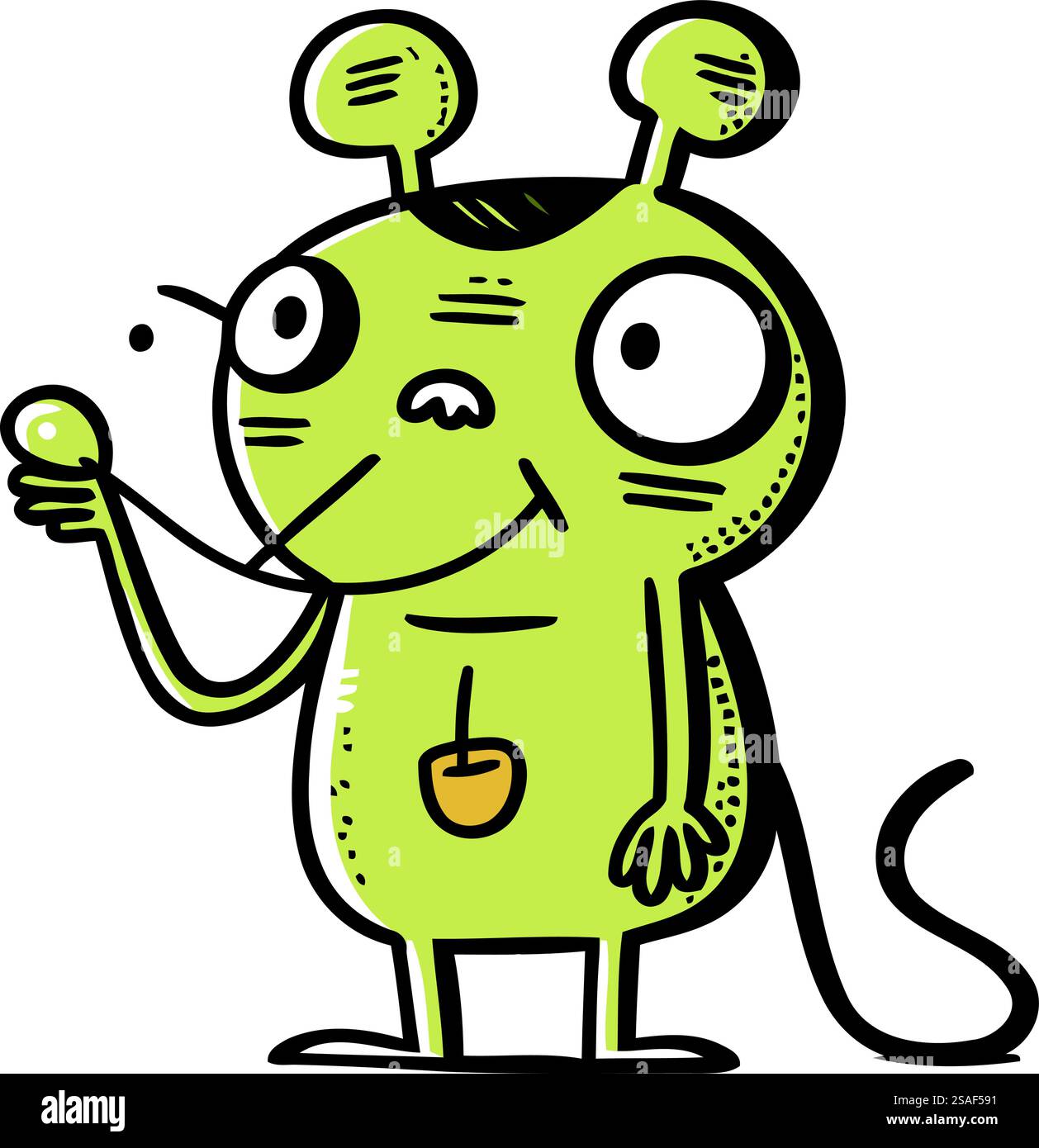 Funny cartoon monster with an apple in his hand. Vector illustration ...