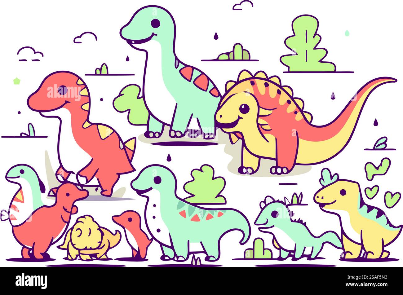 Cute cartoon dinosaurs set. Vector illustration in doodle style Stock ...