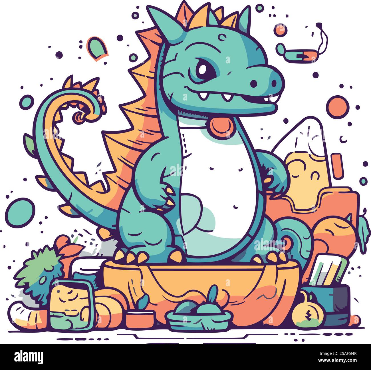Vector illustration of a cute cartoon dragon with a bowl full of food ...