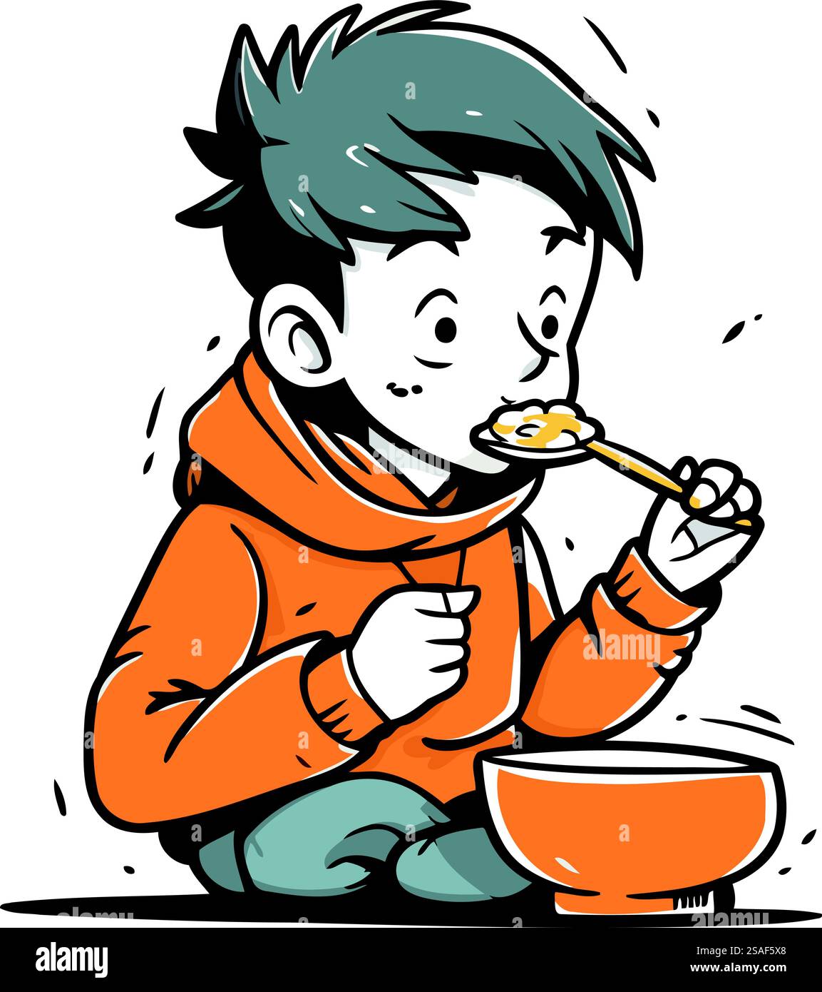 Boy eating soup. Vector illustration of a boy eating soup with spoon ...