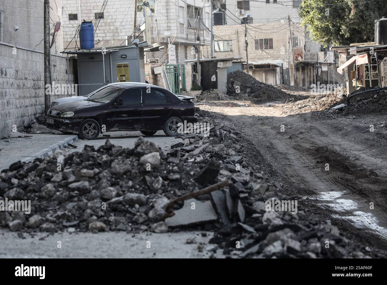 Jenin, Palestine. 29th Jan, 2025. A view of a destroyed street and a ...
