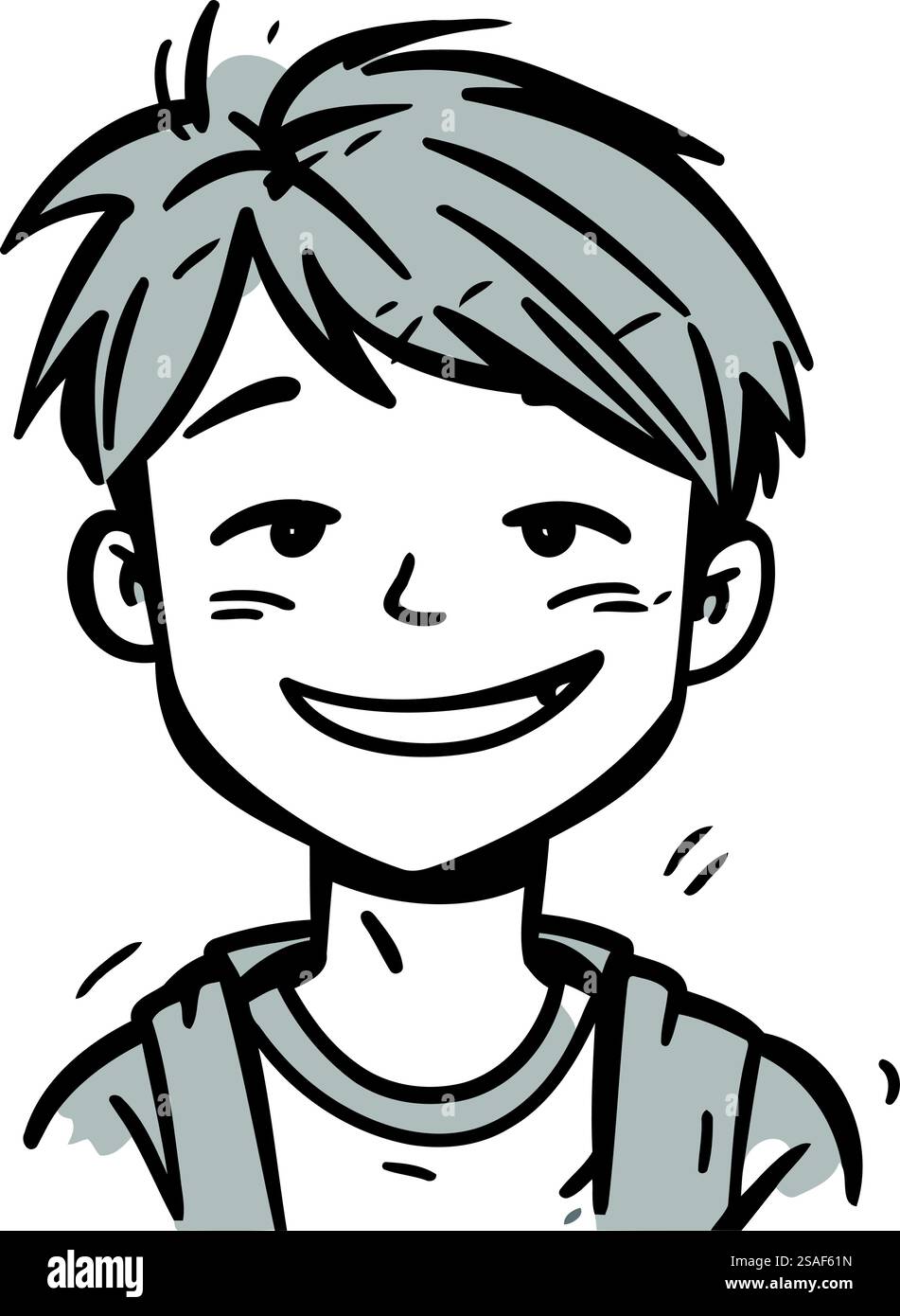 Smiling boy black and white vector illustration in cartoon comic style ...